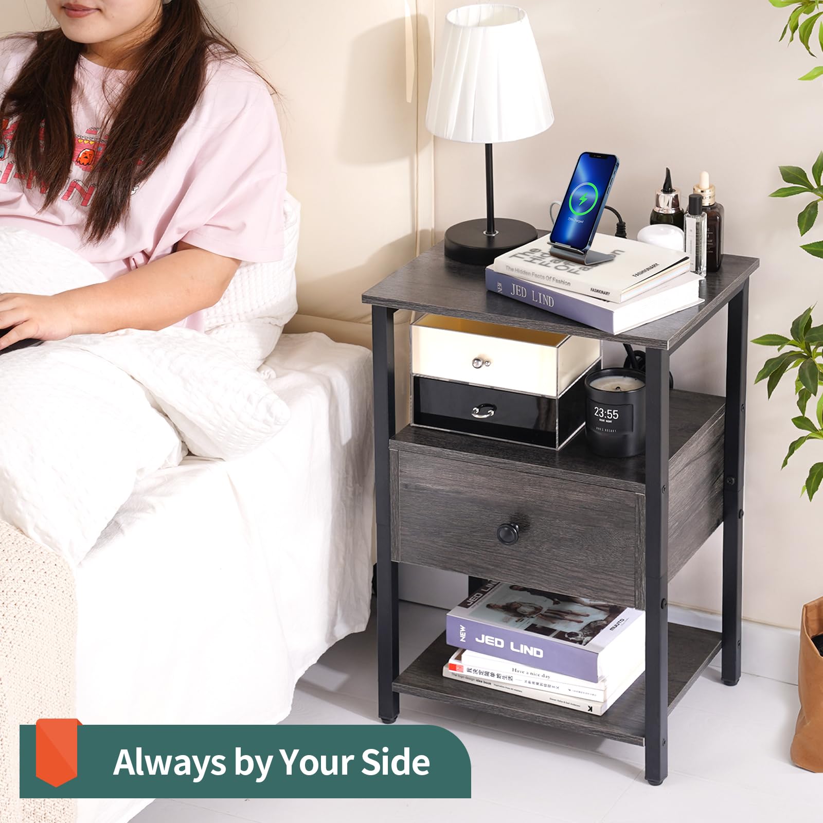 Yoobure Nightstands Set of 2, Night Stand with Charging Station Night Stand with USB Ports, Night Stands with Wood Drawer and Storage Shelf Bedside Table for Bedroom Small Spaces Grey