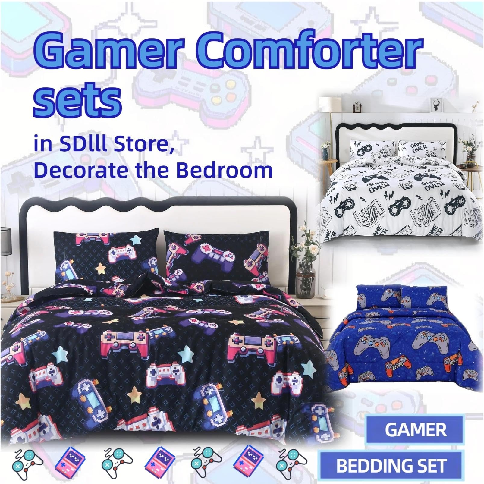 SDIII 3PCS Dark Blue and White Gamer Sheets Twin, 1 Fitted Sheet and 2 Pillowcases, Bed in a Bag Gaming Bedding Sheet, Cute Bed Sheets for Kids Boys and Girls