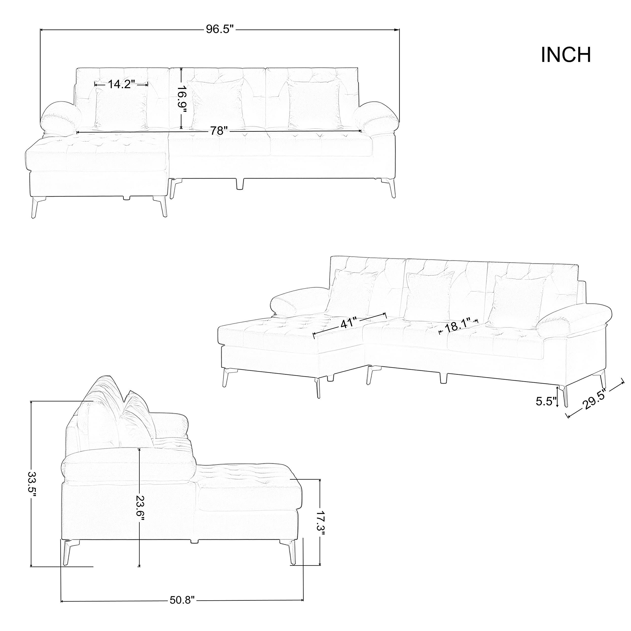 KoiHome Sectional Sofa 96.5" Left Hand Facing Velvet Button Tufted, 3-Seater Sleeper Couch with 3, Pillow top Arms, Modern L-Shape Chaise for Living, Bedroom,Waiting Room, Dark Grey
