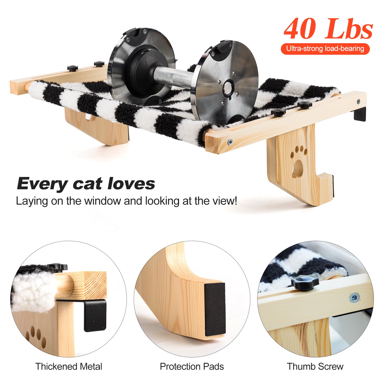 JTL-ADMCW Cat Sill Window Perch Hammock Sturdy Solid Wood Frame for Large Cats Easy to Assemble&Adjust Bed Windowsill, Bedside, Drawer and Cabinet(Chessboard Plush) Black/White