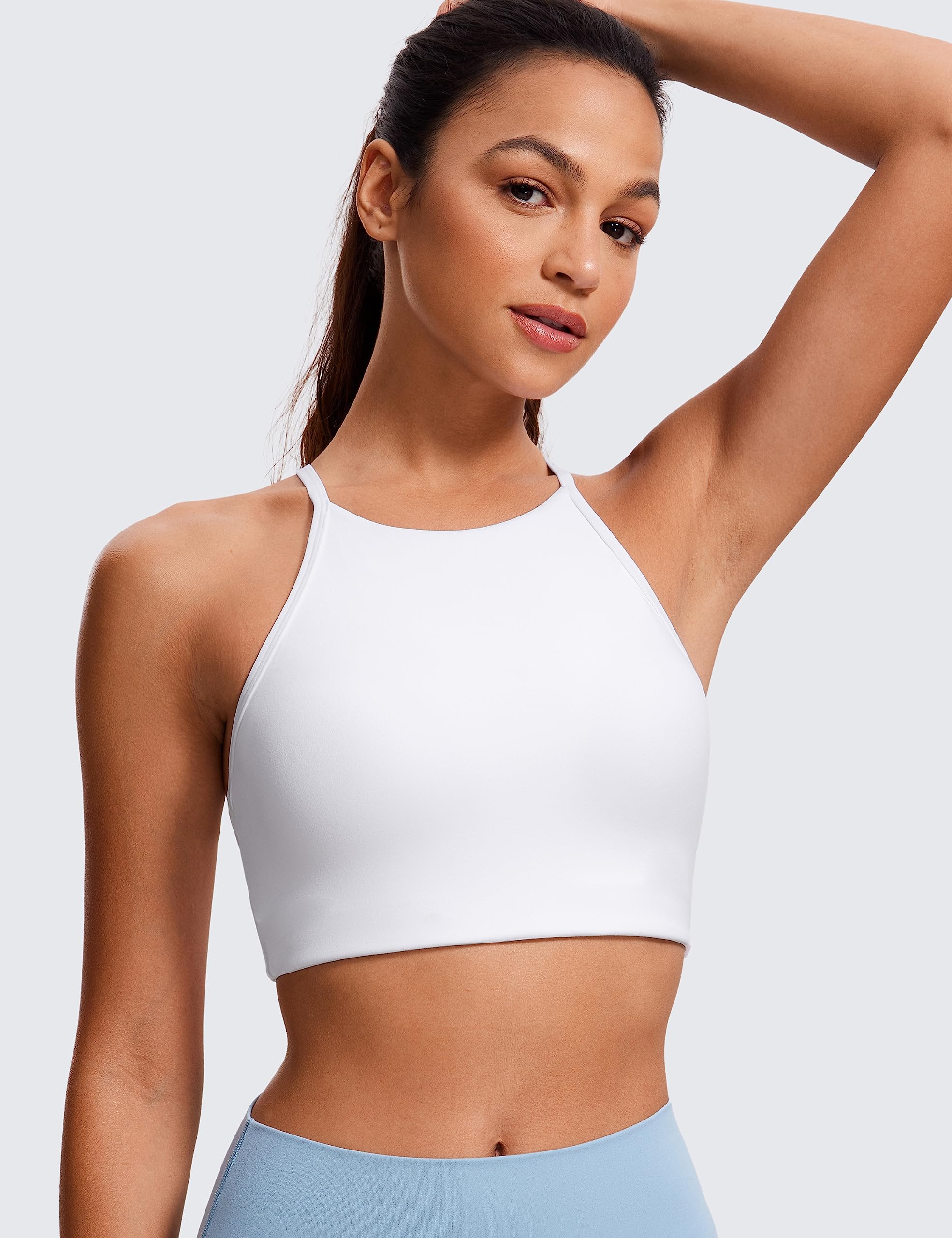 CRZ YOGA Butterluxe Womens High Neck Y Back Sports Bra - Padded Halter Racerback Spaghetti Thin Strap Workout Gym Top White Medium
