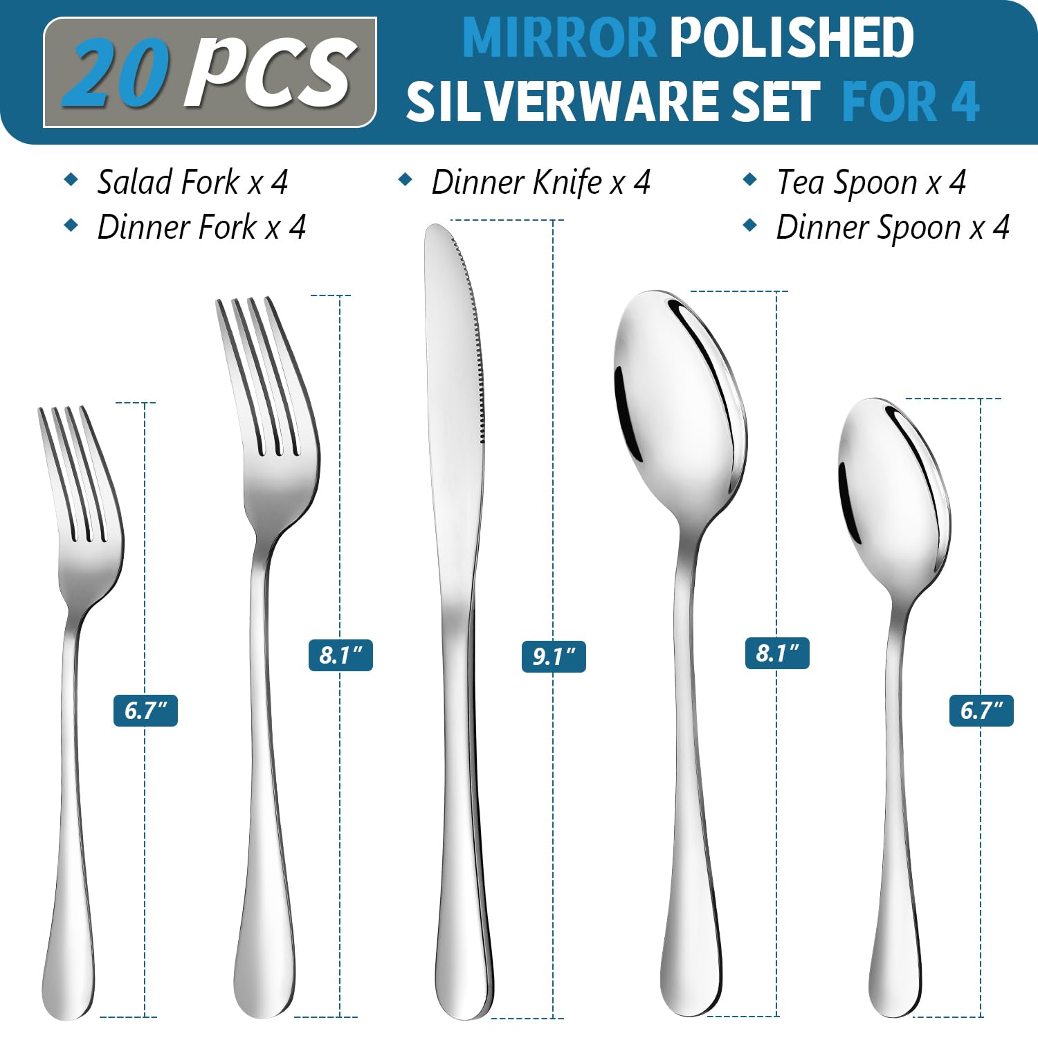 20 Piece Silverware Set, Stainless Steel Flatware Utensil Sets for 4, Silver Cutlery Set Includes Forks Spoons Knives, Mirror Polished, Dishwasher Safe