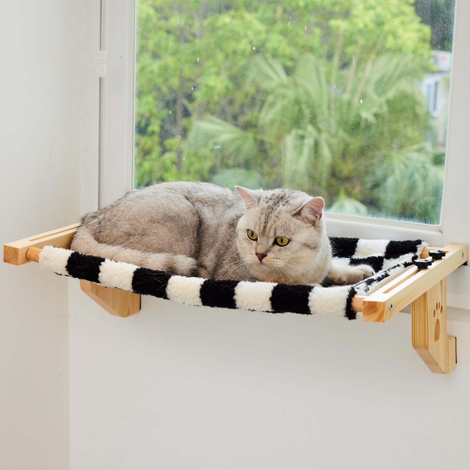 JTL-ADMCW Cat Sill Window Perch Hammock Sturdy Solid Wood Frame for Large Cats Easy to Assemble&Adjust Bed Windowsill, Bedside, Drawer and Cabinet(Chessboard Plush) Black/White