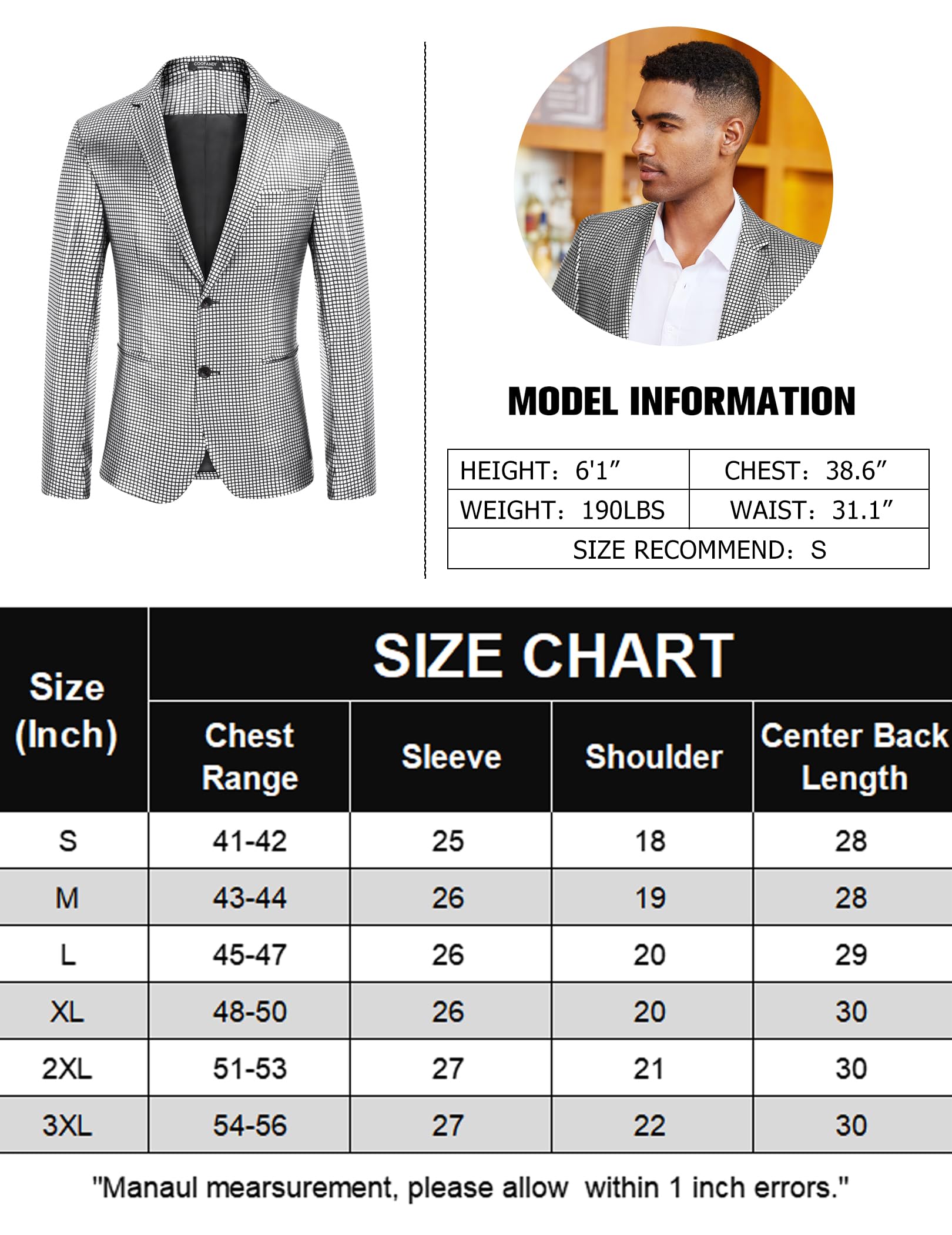 COOFANDY Mens Metallic Jacket Regular Fit Sport Coat Casual Fashion 70s Disco Silver Jacket
