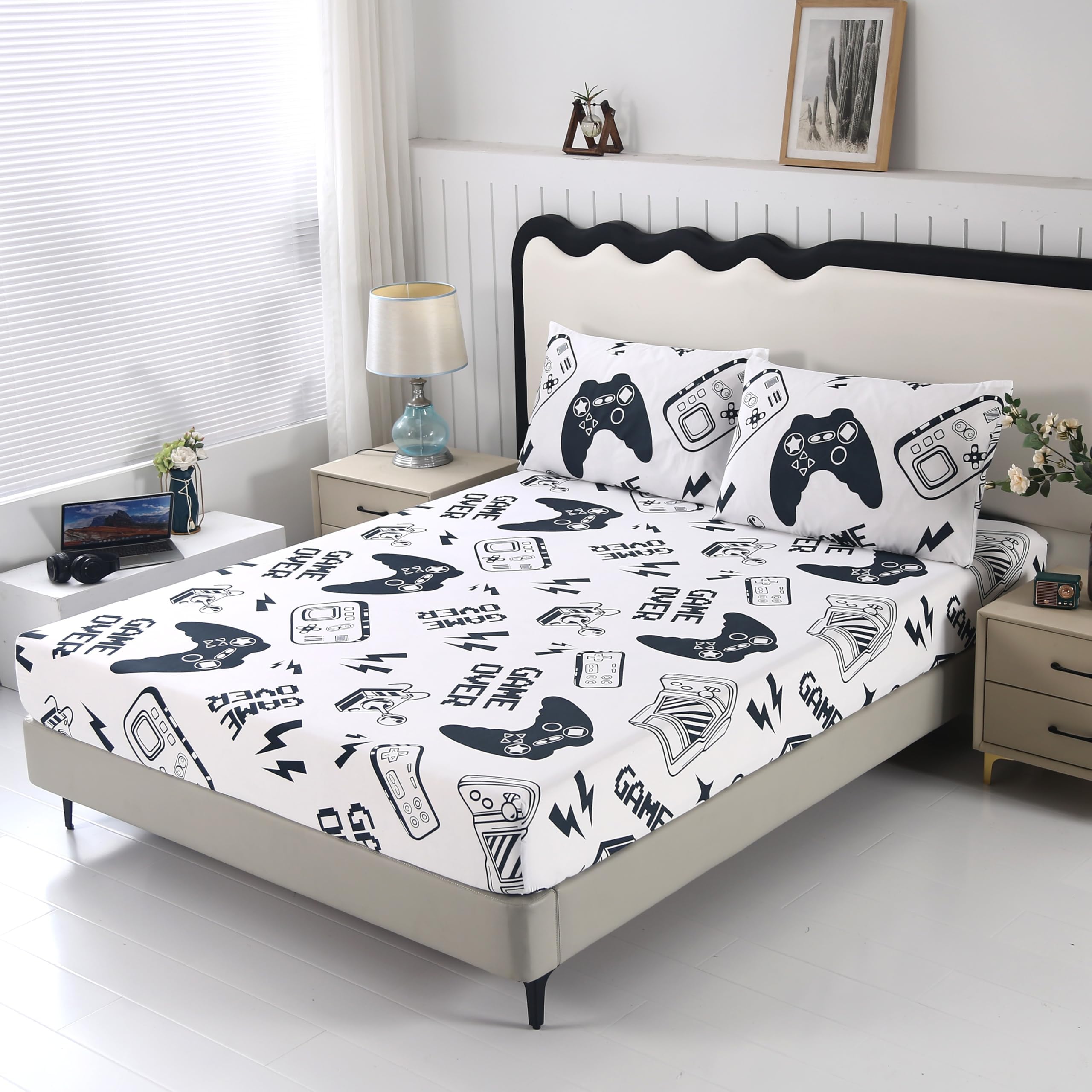 SDIII 3PCS Dark Blue and White Gamer Sheets Twin, 1 Fitted Sheet and 2 Pillowcases, Bed in a Bag Gaming Bedding Sheet, Cute Bed Sheets for Kids Boys and Girls