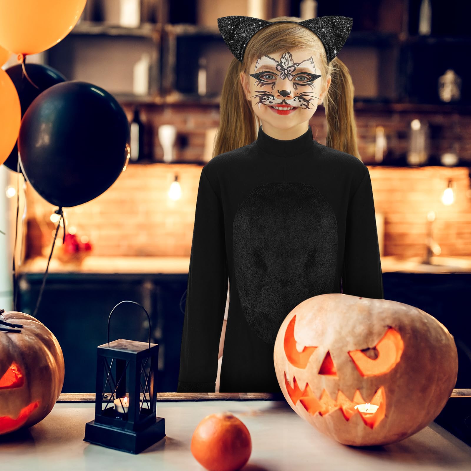 Ramede Halloween Cat Costume for 6-16 Years Girls Black Cat Costume with Gloves Headband Tail Stickers for Kids(Size 130)