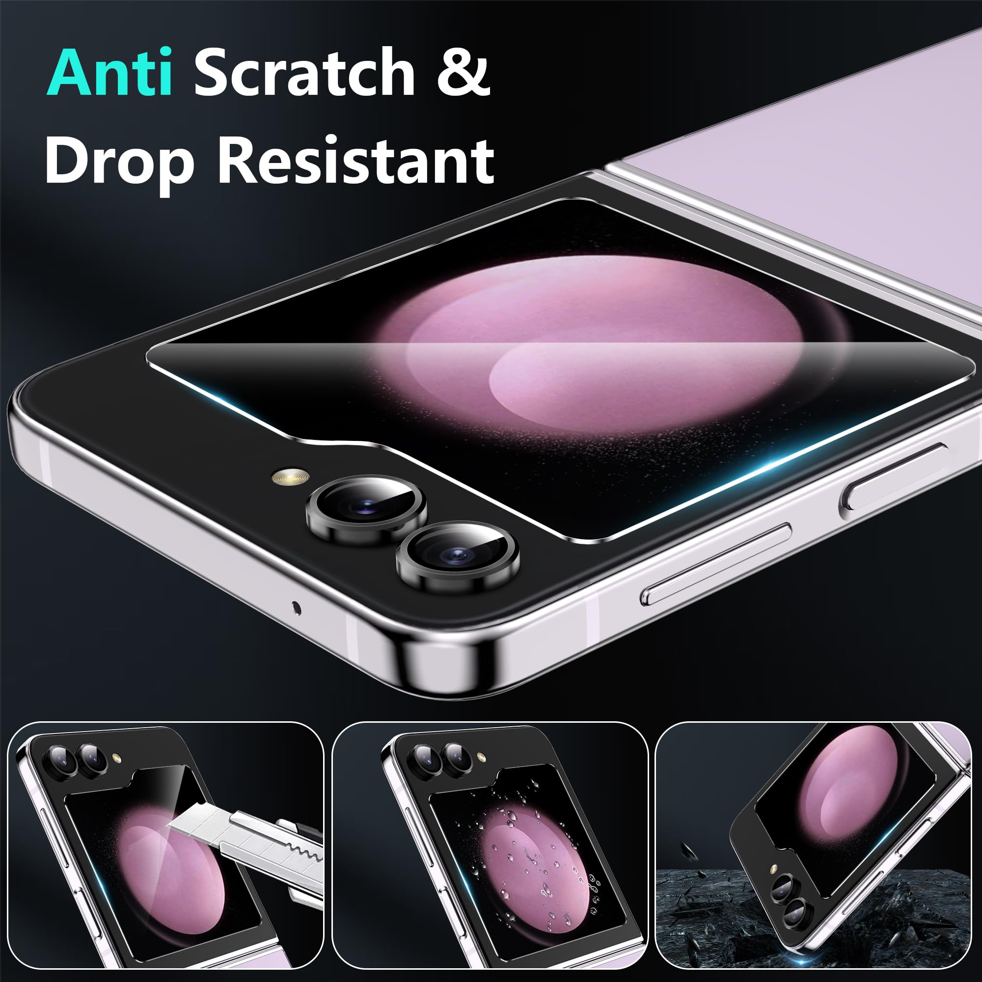 YWXTW [Upgraded Alignment Tray for Samsung Galaxy Z Flip 5 Screen Protector, 2 Pack Front Tempered Glass Screen Protector+2 PCS Camera Lens Protector, Case Friendly & Anti Scratch