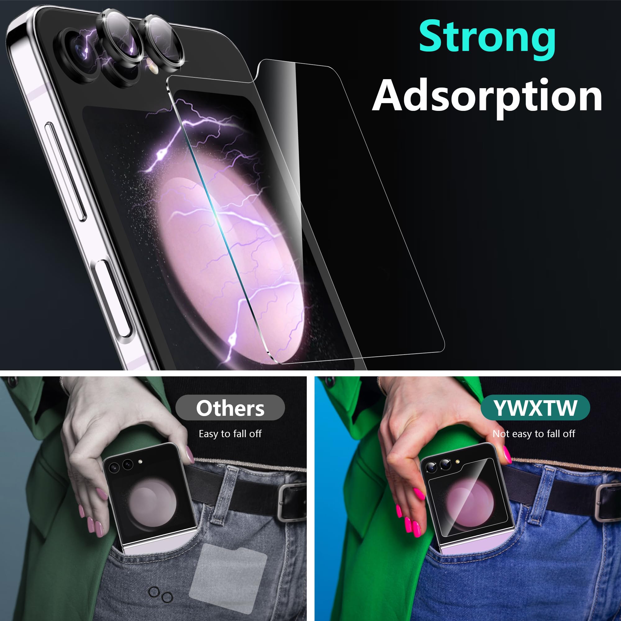 YWXTW [Upgraded Alignment Tray for Samsung Galaxy Z Flip 5 Screen Protector, 2 Pack Front Tempered Glass Screen Protector+2 PCS Camera Lens Protector, Case Friendly & Anti Scratch