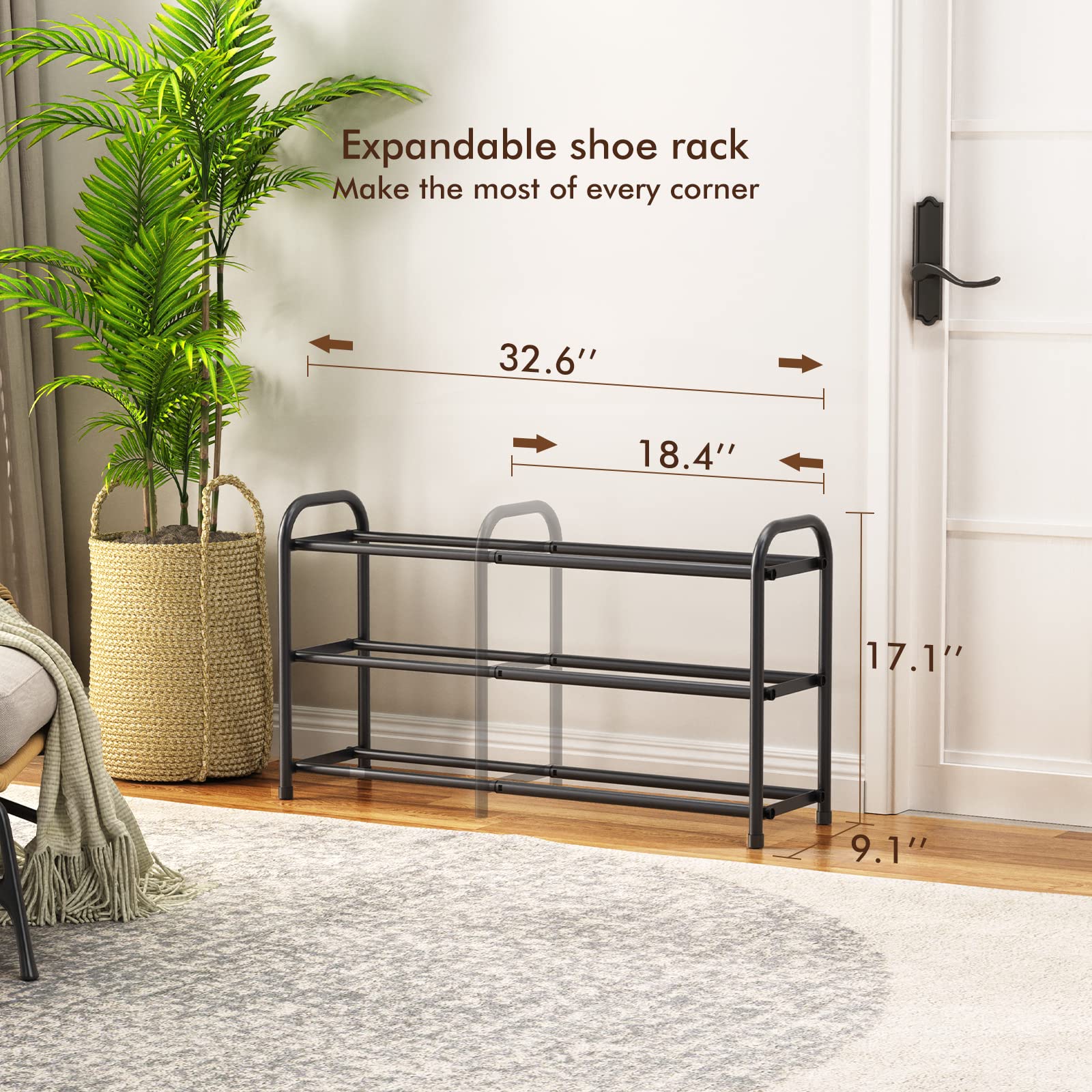 Nroech Shoe Rack, 3-Tier Expandable Shoe Rack Metal Free Standing Shoe Shelf Organizer Storage, Adjustable Shoe Racks for Closet Entryway(Black)