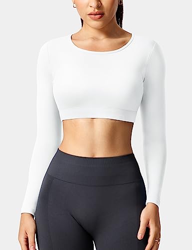 YEOREO Ultimate Workout Crop Tops for Women Long Sleeve Open Back Shirts Padded Bra Backless Yoga Gym Tops White L