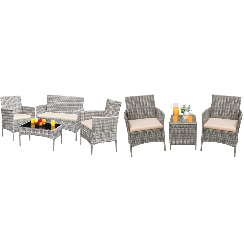 Greesum Patio Furniture 4 Pieces Conversation Sets Outdoor Wickerr Rattan Chairs Garden Backyard Balcony Porch Poolside loveseat & 3 Pieces Patio Furniture PE Rattan Wicker Chair Conversation Set