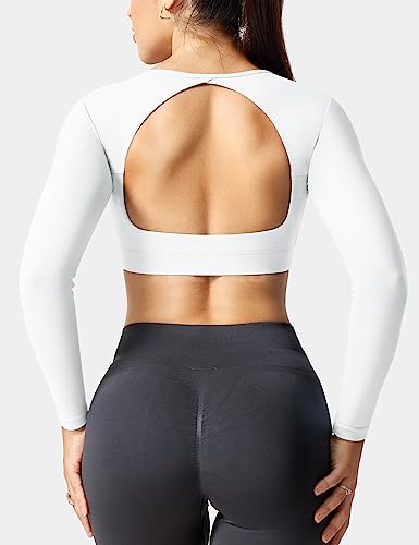 YEOREO Ultimate Workout Crop Tops for Women Long Sleeve Open Back Shirts Padded Bra Backless Yoga Gym Tops White L