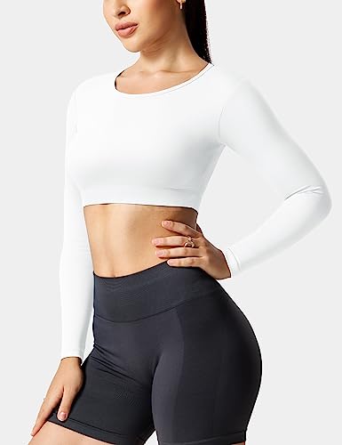 YEOREO Ultimate Workout Crop Tops for Women Long Sleeve Open Back Shirts Padded Bra Backless Yoga Gym Tops White L