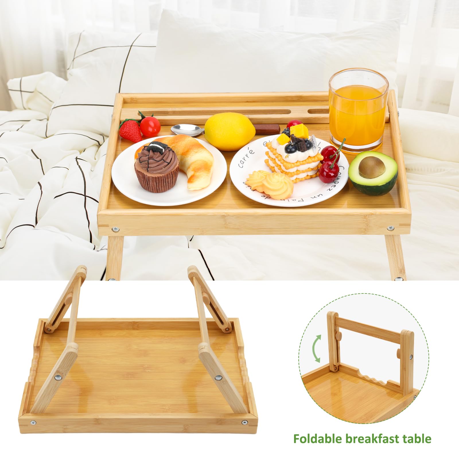 Moretoes 2pcs Bed Tray Table for Eating, Bamboo Breakfast Food Tray with Adjustable Folding Legs and Phone Holders for Sofa Laptop Desk Snack Tray