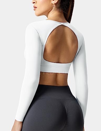 YEOREO Ultimate Workout Crop Tops for Women Long Sleeve Open Back Shirts Padded Bra Backless Yoga Gym Tops White L