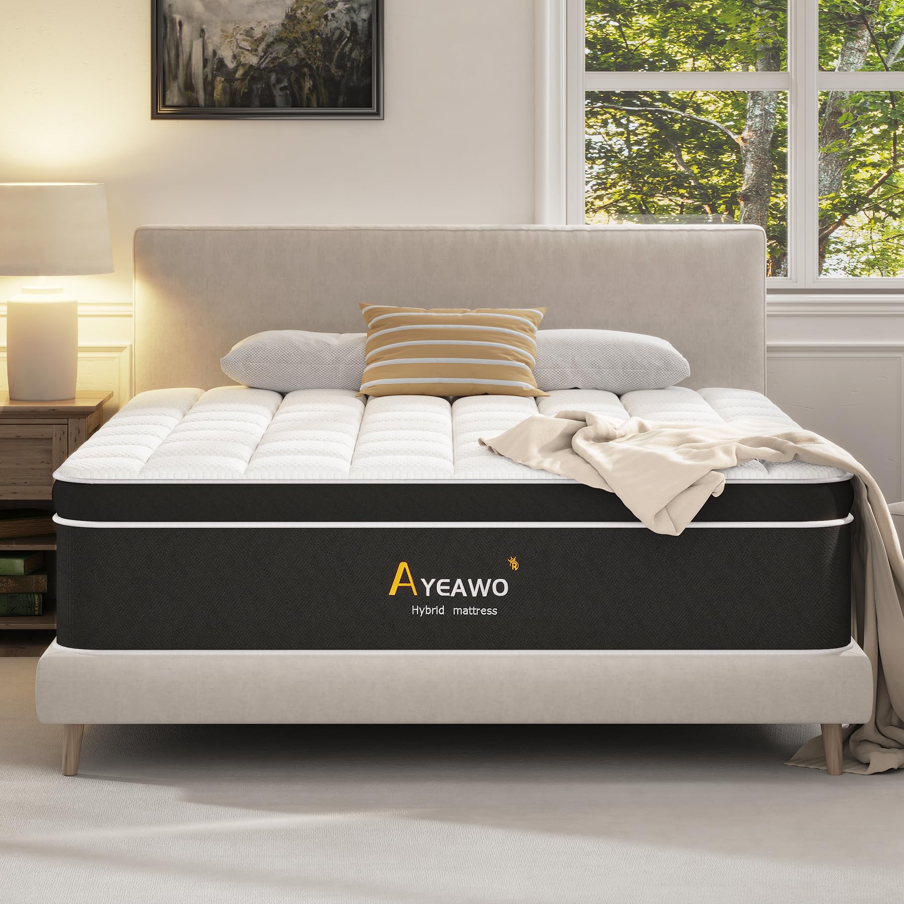 Ayeawo Queen Mattress, 10 Inch Hybrid Mattress with Soft Foam and Motion Isolation Pocket Spring, Queen Size Mattress in a Box, Medium Firm Mattress Queen Size with Breathable Fabric, Edge Support