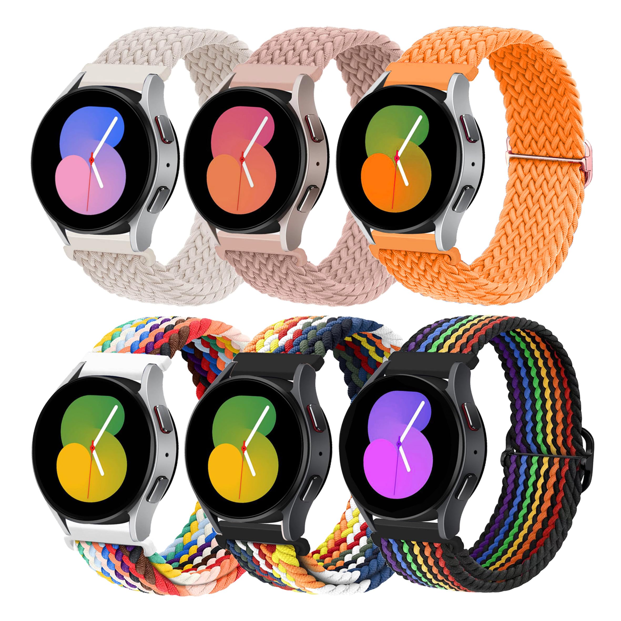 20mm Braided Nylon Adjustable Band for Samsung Galaxy Watch 5/4/6/active 2 40mm 44mm/Galaxy Watch 5 Pro 45mm/Watch 4 Classic 42mm 46mm/Galaxy Watch 6 Classic 43mm 47mm,6Pack Wristband Sport Strap for