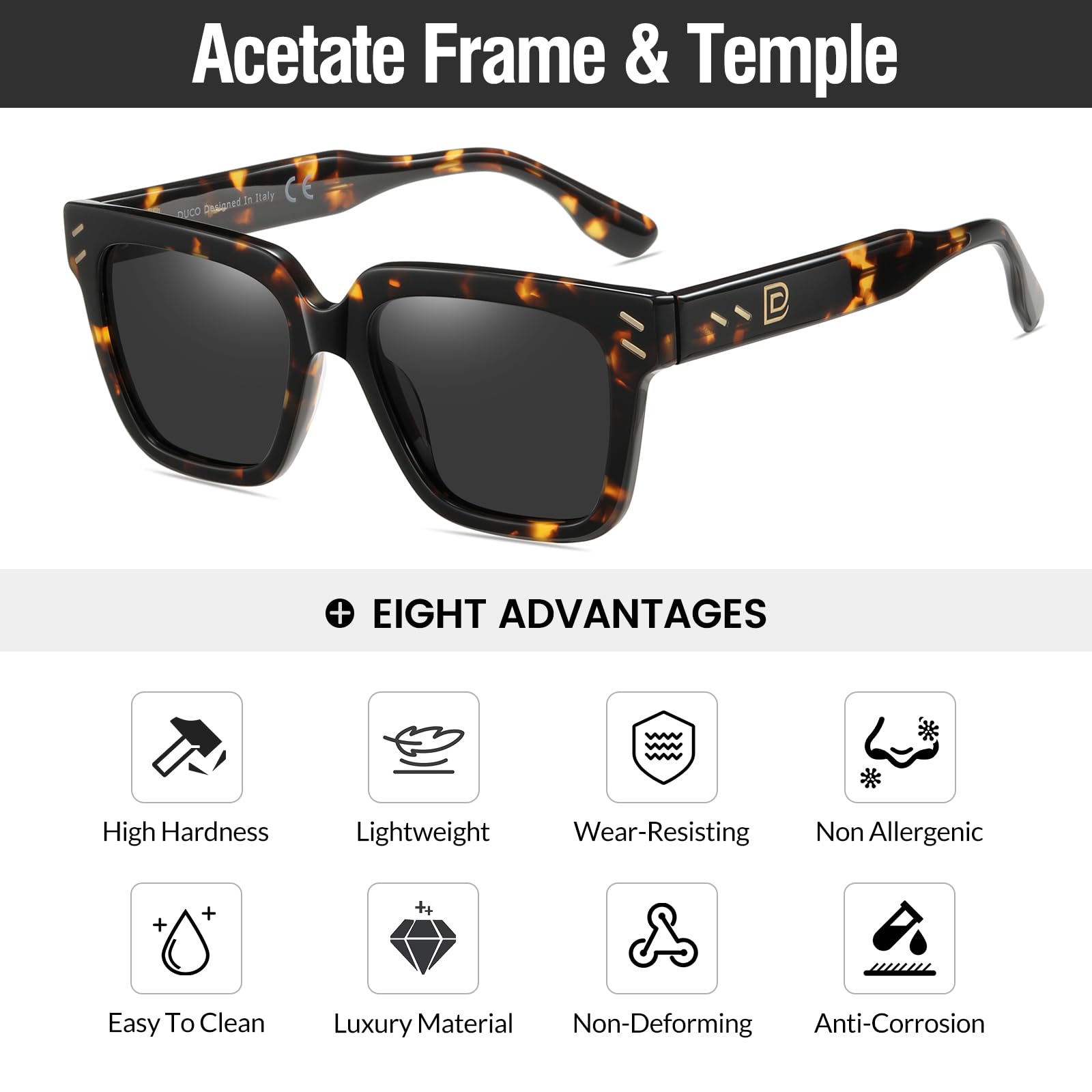 DUCO Retro Square Polarized Sunglasses for Men Women Trendy Vintage Luxury Acetate Sun Glasses UV400 DC2368