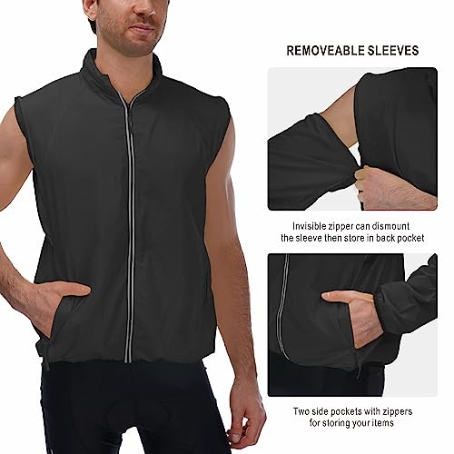 Przewalski Men's Cycling Jacket Hooded Running Bike Windbreaker Removable Vest Lightweight Windproof Sleeves Reflective Coat