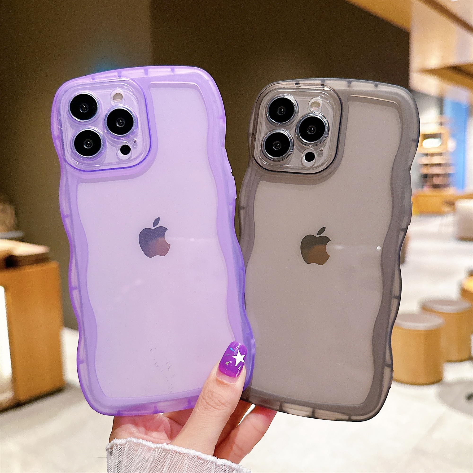 SKYLMW Compatible with iPhone 14 Pro Max Case 6.7" 2022, Cute Kawaii Curly Wave Frame Shape Soft Silicone Shockproof Protective Phone Cover for Women Girls, Clear/Purple