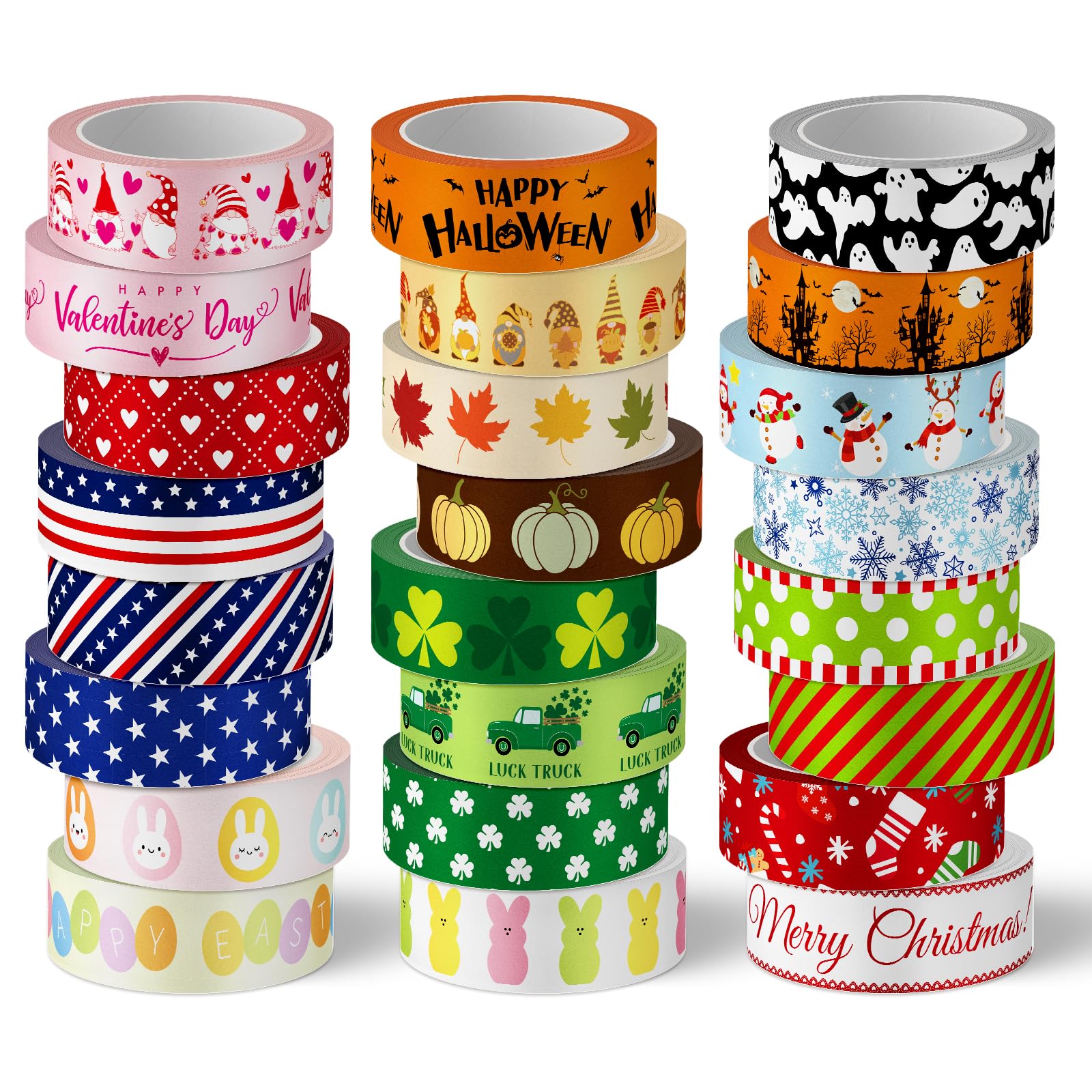 Whaline 24 Rolls Holiday Washi Tapes St. Patrick's Day Shamrock Easter Bunny 4th of July Seasonal Washi Tapes 15mm Assorted Festival Making Washi Tapes for Scrapbook Journal Art Craft, 16.4Ft