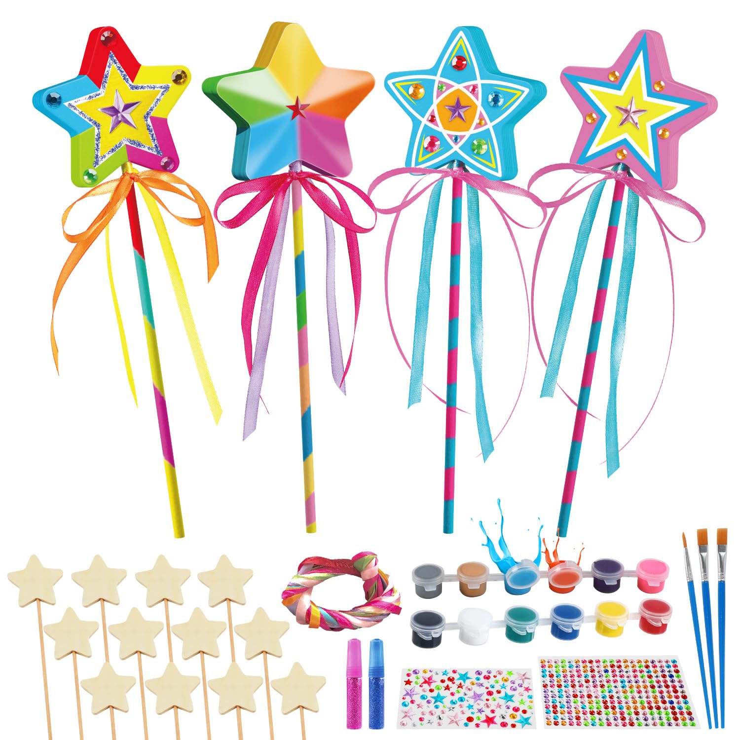 Byncceh 12 Sets Make Your Own Wooden Princess Wand Craft Kit, Fairy Wands Kit Include Fairy Wands, Gems Stickers, Paint & Ribbons Decorate Art DIY Magical Show for Party Supplies for Girls Gifts