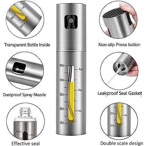 3oz Oil Sprayer for Cooking Stainless Steel, Olive Oil Spray Bottle Refillable with Trigger Scale Large Capacity Oil Mister Spray for Popcorn Salad A