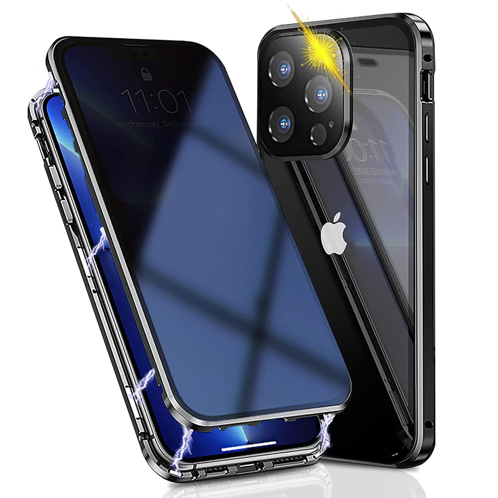 iPhone 14 Pro Max Privacy Case with Camera Lens Protector, Tempered Glass Cover, Anti-Spy Screen, 360 Degree Double-Sided Tempered Glass Metal Bumper Case, Black
