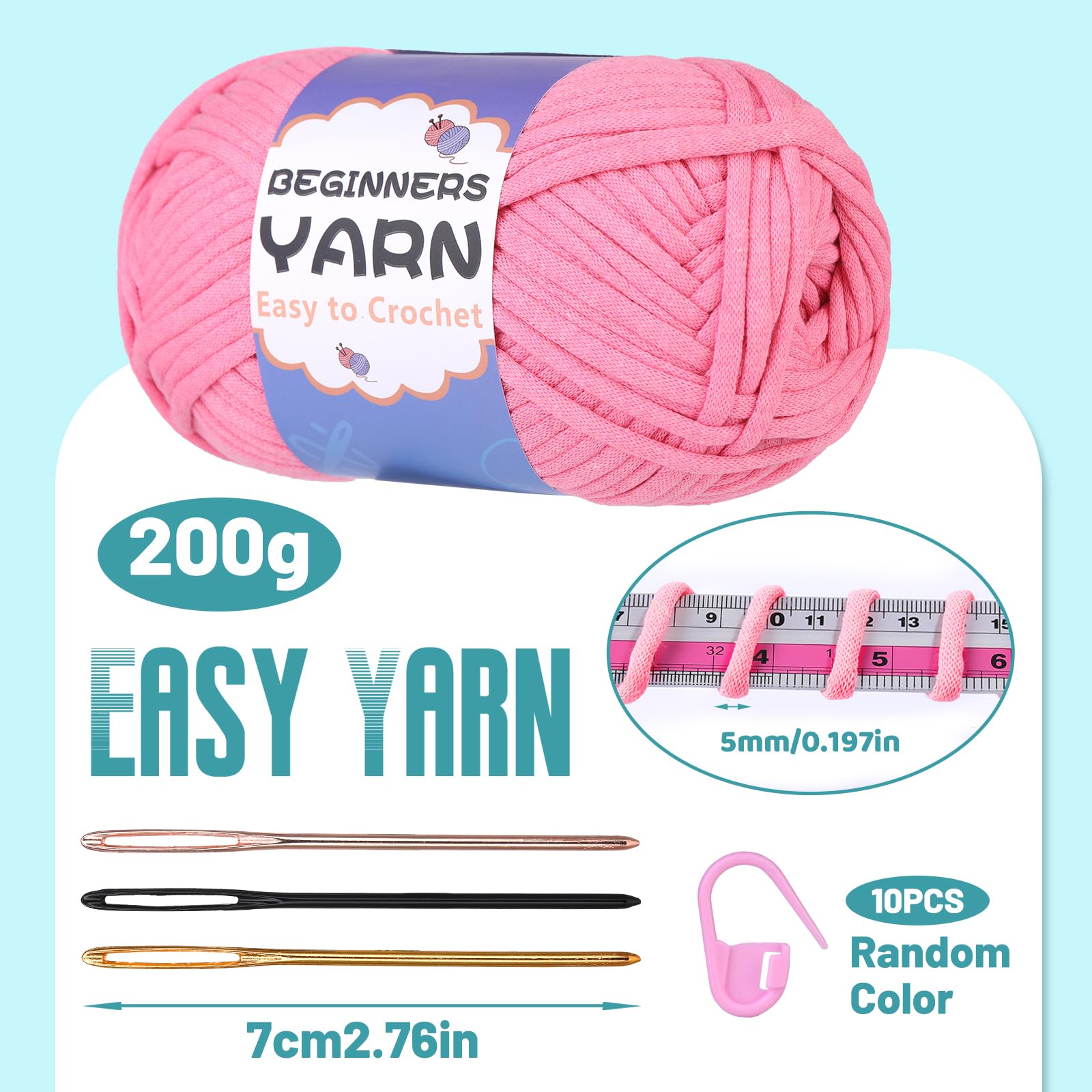200g/7Oz Yarn for Crocheting, Crochets Yarn, Easy Yarns for Beginners with Easy-to-See Stitches, Stitch Marker, Big Eye Blunt Needle, Beginner Yarns for Crocheting (Pink)