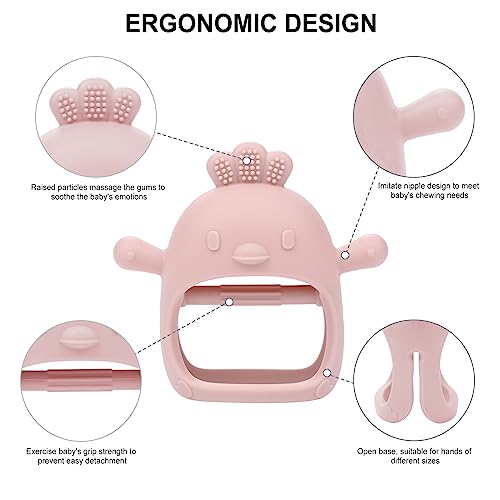 AIXMEET Baby Teething Toys, Soft Silicone Baby Teether Toys for 0-6 Months, Anti-Drop Hand Wrist Wearable Teether, Chew Toys for Sucking Needs, Baby Mitten Teether for Soothing Sore Gum,Pink