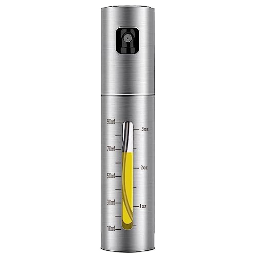 3oz Oil Sprayer for Cooking Stainless Steel, Olive Oil Spray Bottle Refillable with Trigger Scale Large Capacity Oil Mister Spray for Popcorn Salad A