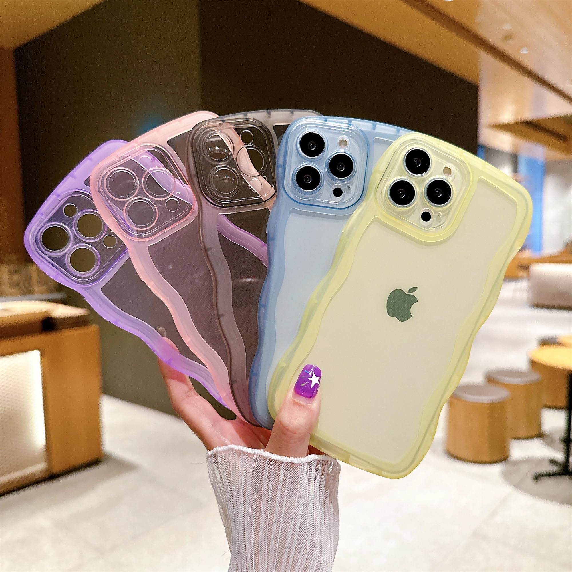 SKYLMW Compatible with iPhone 14 Pro Max Case 6.7" 2022, Cute Kawaii Curly Wave Frame Shape Soft Silicone Shockproof Protective Phone Cover for Women Girls, Clear/Purple