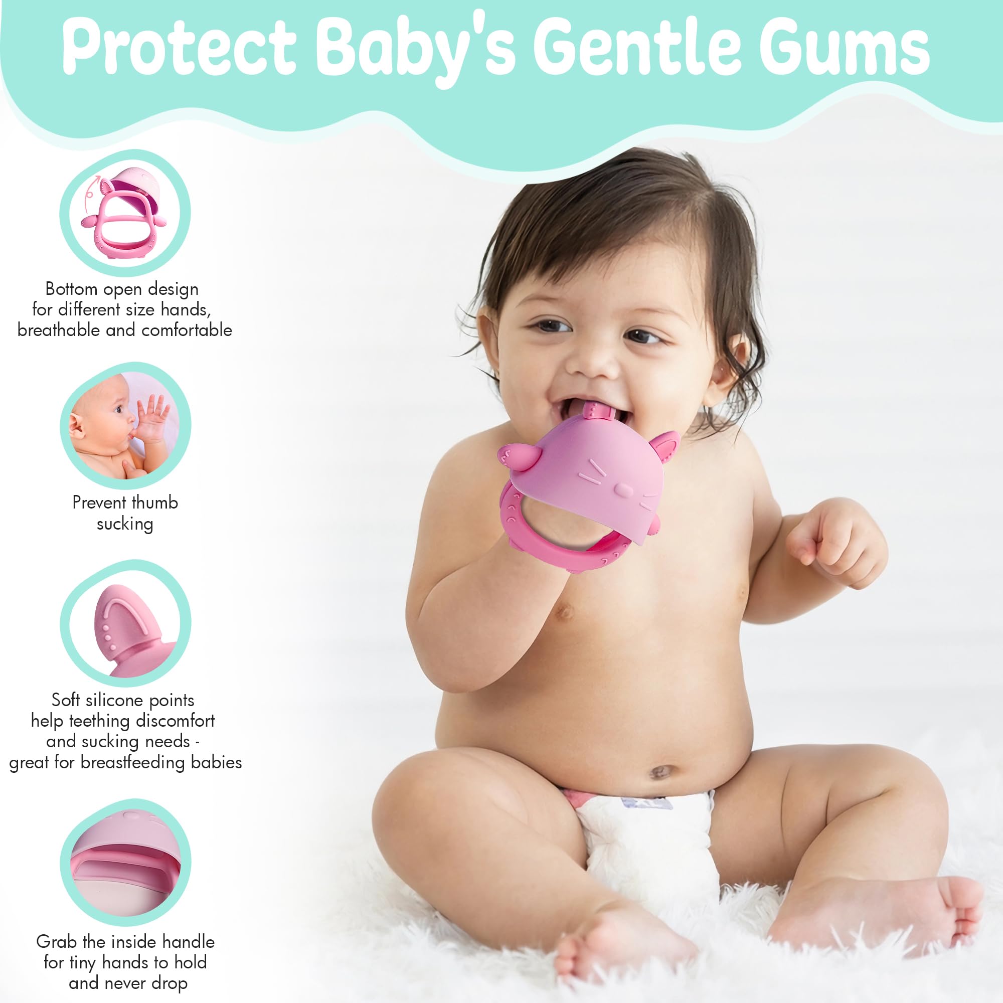 Gradient Mode Baby Teething Toy for 0-6 Months Infant Cat Buddy Never Drop, Infant Chews Toy Food Grade Soothing Relief Hand Teether Pacifiers for Breastfeeding Babies 3 Months + (Pink)