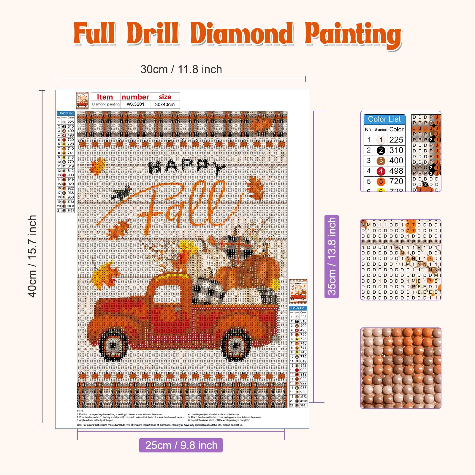 NAIMOER Happy Fall Diamond Art Kits for Adults, 5D Truck Diamond Art Kits for Adults, DIY Full Drill Pumpkin Diamond Art Fall Diamond Art for Home Decor 30x40cm