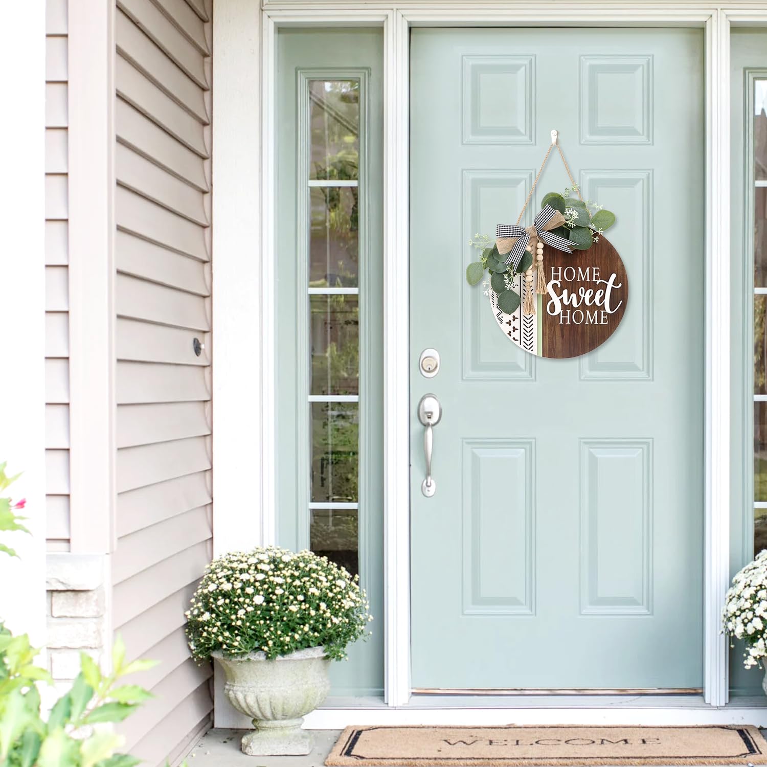 3D Welcome Front Door Wreath Porch Decor, Wooden Home Sweet Home Boho Outdoor Sign Hanging, Farmhouse Aztec Wall Sign Hanger with Artificial Leaves&Rustic Beads