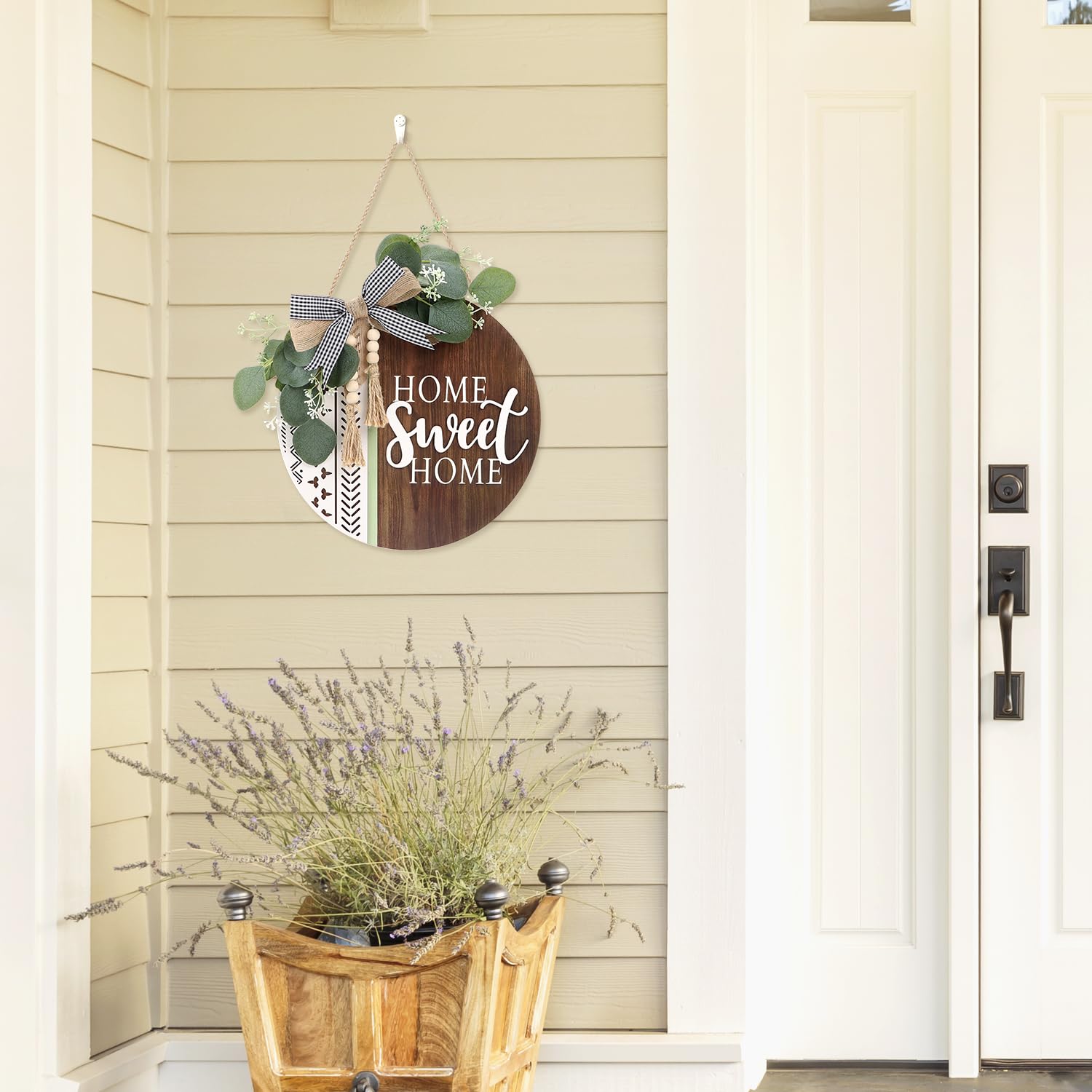 3D Welcome Front Door Wreath Porch Decor, Wooden Home Sweet Home Boho Outdoor Sign Hanging, Farmhouse Aztec Wall Sign Hanger with Artificial Leaves&Rustic Beads