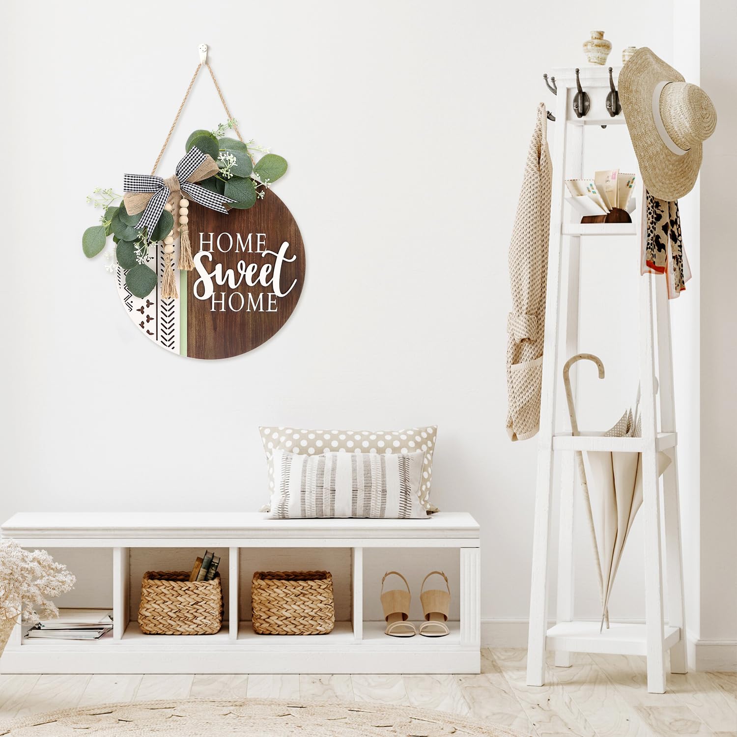 3D Welcome Front Door Wreath Porch Decor, Wooden Home Sweet Home Boho Outdoor Sign Hanging, Farmhouse Aztec Wall Sign Hanger with Artificial Leaves&Rustic Beads