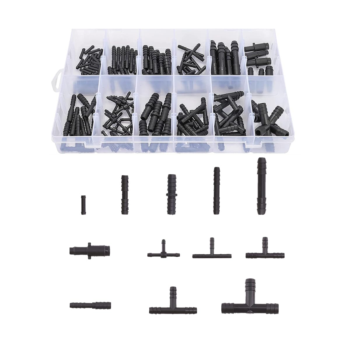 BELOMI Vacuum Connector Assortment, 113 Pcs Nylon Barbed Type Vacuum Tubing Connector Assortment Kit, Universal 12 Sizes Hose Tee Reducer and Straight Connectors, Vacuum Hose Line Fittings