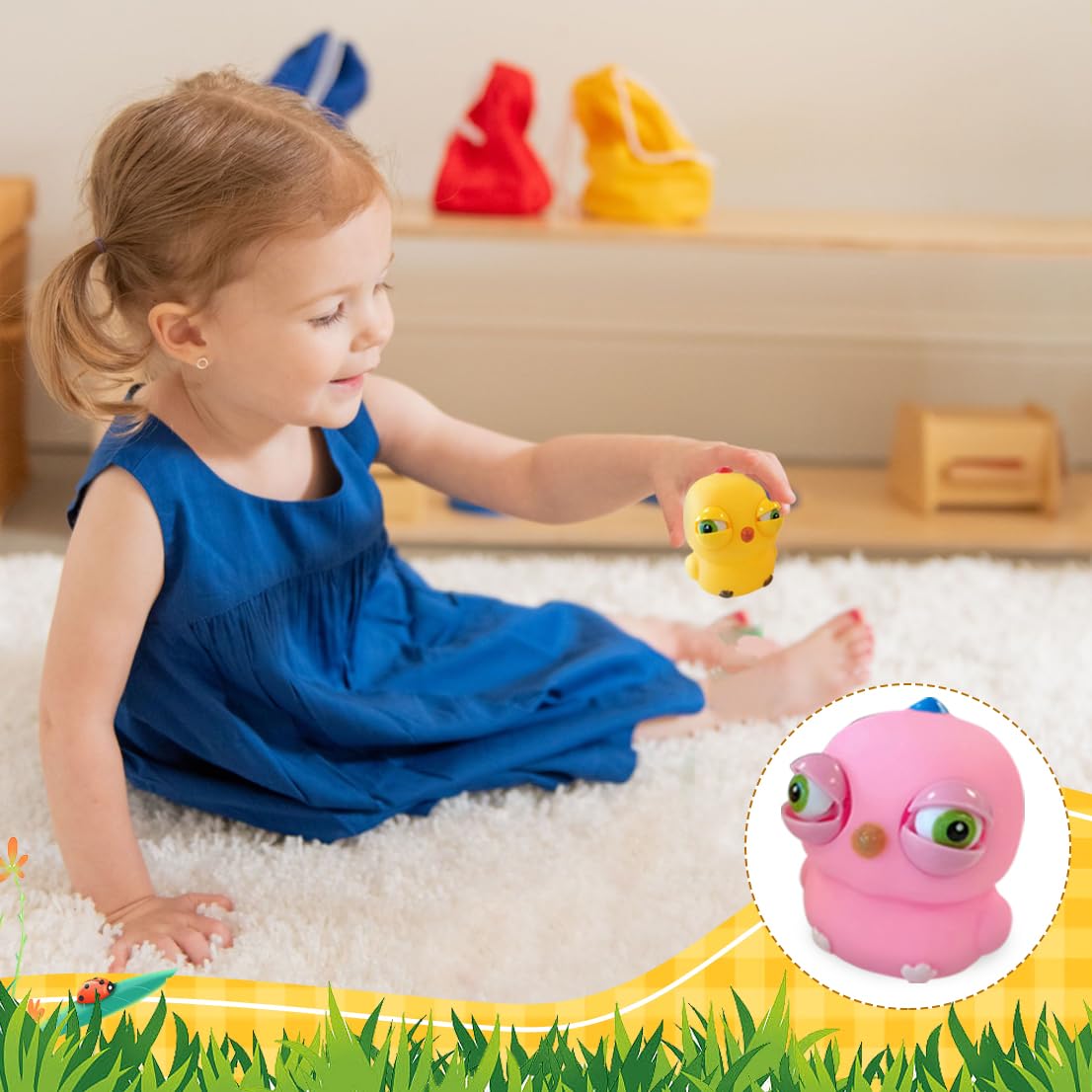 Smosun Chicken Squeeze Toys: 2PCS Funny Stress Relief Squishy Toys with Pop Out Eyes - Sensory Therapy Fidget Toys for Kids and Adults with Autism & ADHD