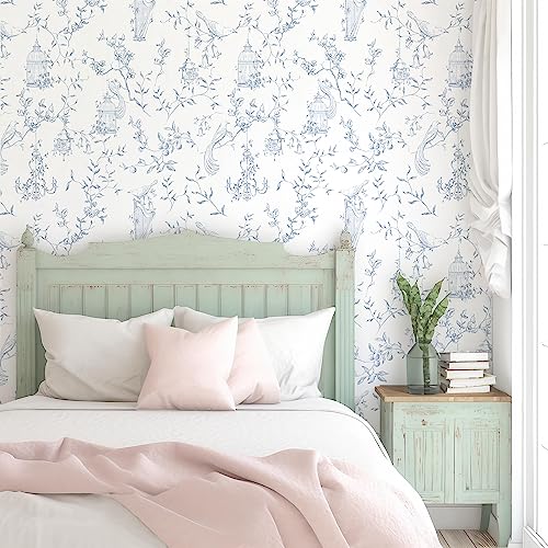 RollsRolla Toile Wallpaper Modern Farmhouse Wallpaper Peel and Stick Wallpaper Vintage Ivory Beige Neutral Blue and White with Birds and Flowers for Accent Wall Bedroom Bathroom