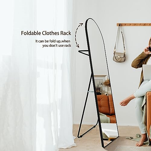 TRAHOME Arched Full Length Mirror with Foldable Clothes Rack,Large Floor Mirror with Aluminum Alloy Frame for Door Bedroom Bathroom Living Room (60x20-Black)