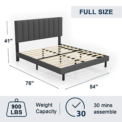 Molblly Dark Gray Full Bed Frame Platform with Headboard Slats