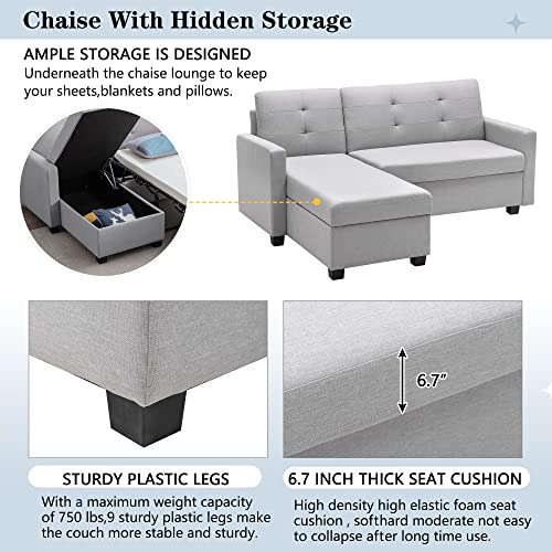 Merax Modern L-Shaped Reversible Couch with Storage Chaise, Sleeper Sofa Bed with Pull Out Mattress for Small Space Light Gray Sectional, Black