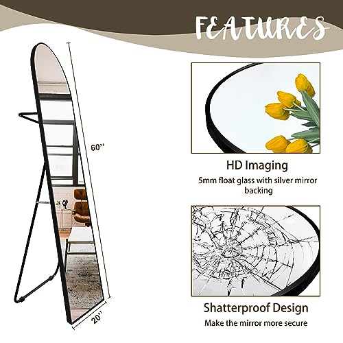 TRAHOME Arched Full Length Mirror with Foldable Clothes Rack,Large Floor Mirror with Aluminum Alloy Frame for Door Bedroom Bathroom Living Room (60x20-Black)