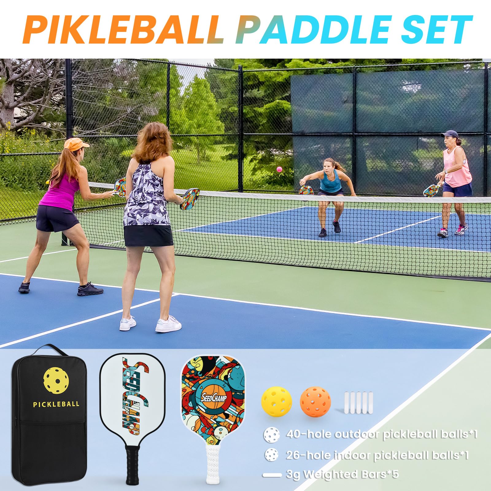 Pickleball Paddle Set Fiberglass Surface Pickleball Rackets Kit of 2 Paddles with 16MM Thick Honeycomb Core for Beginners & Pros