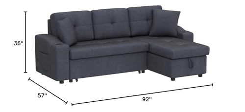 OPTOUGH Sleeper Sectional Sofa with Storage Chaise and Pull Out Bed,L-Shaped Couch with 2 Cupholders, Side Pockets & Pillows for Living Room Apartment, Gray, Dark Grey