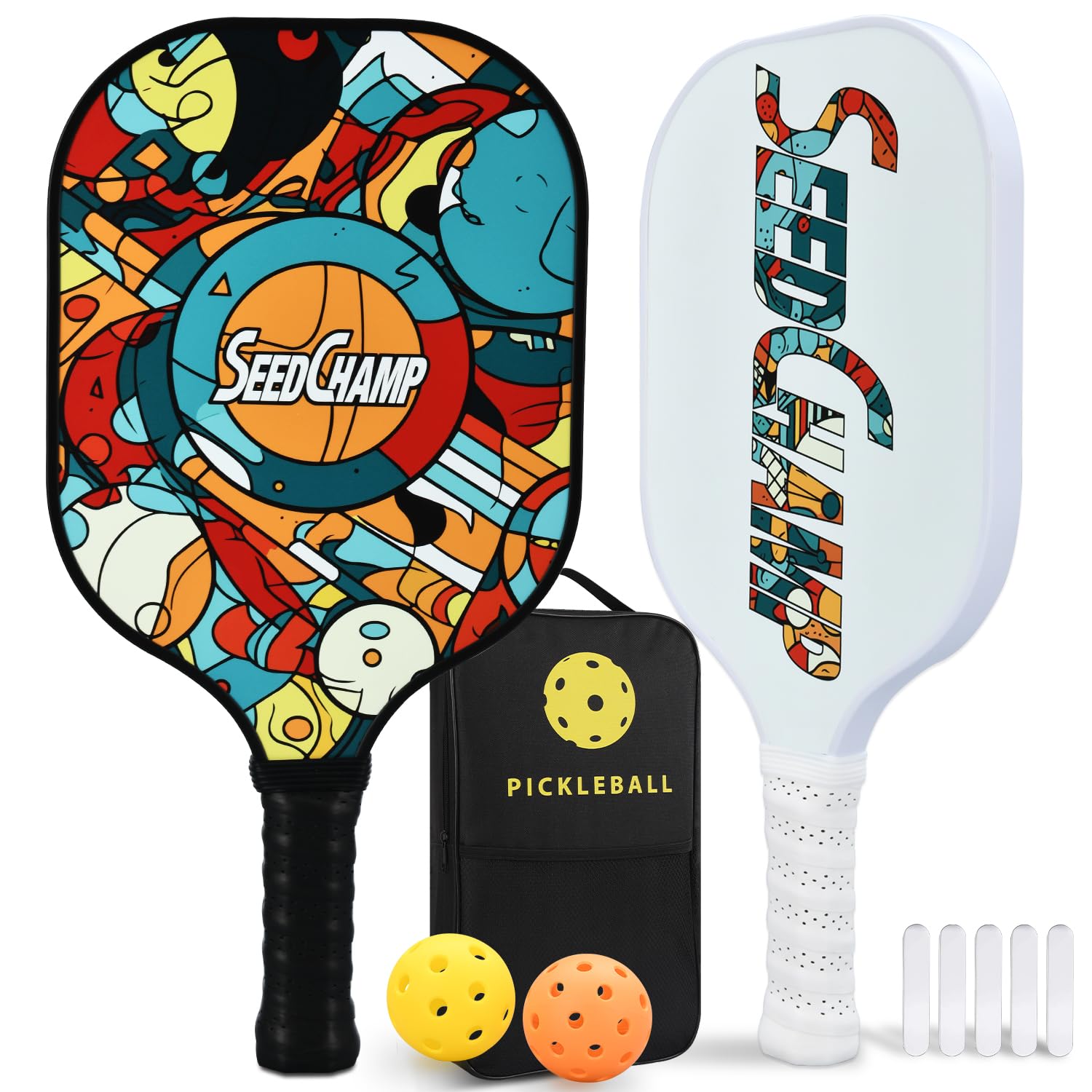 Pickleball Paddle Set Fiberglass Surface Pickleball Rackets Kit of 2 Paddles with 16MM Thick Honeycomb Core for Beginners & Pros