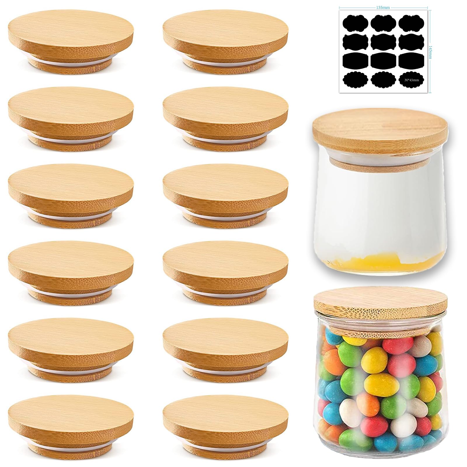 Oui Yogurt Jar Lids, 12 Pack Lids for Oui Yogurt Jars, Bamboo Wooden Lids for Oui Yogurt Jars, Reusable Yogurt Bamboo Jar Lids Set with Silicone Sealing, Oui Lids for Yogurt Jars