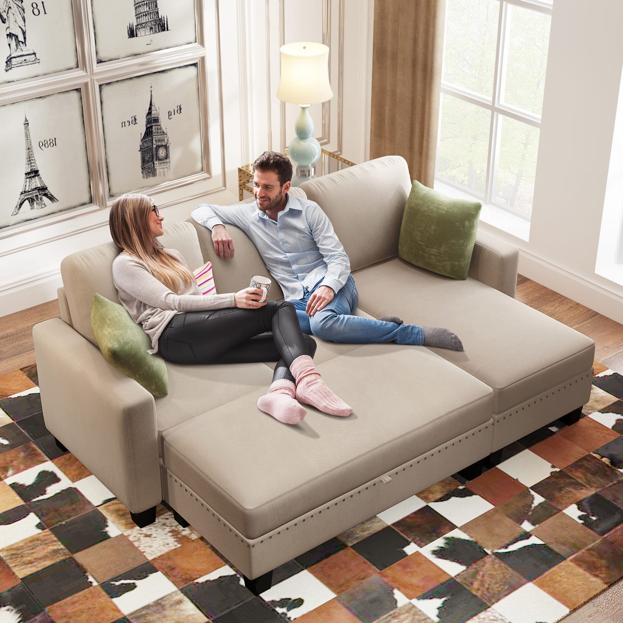 Lepfun 81" Reversible Couch with Storage Ottoman L-Shaped, Sectional Chaise,Nailheaded Textured Fabric 3 Pieces Sofa Set, Ideal for Living Room or Bedroom, Warm Grey