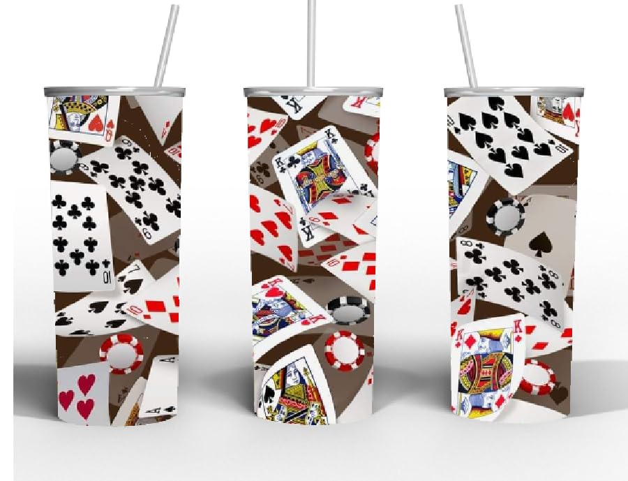 Playing Cards Poker Chips Casino Night 20 oz stainless steel Insulated Hot/Cold ThermalSkinny Tumbler w/Lid Straw Brush Box